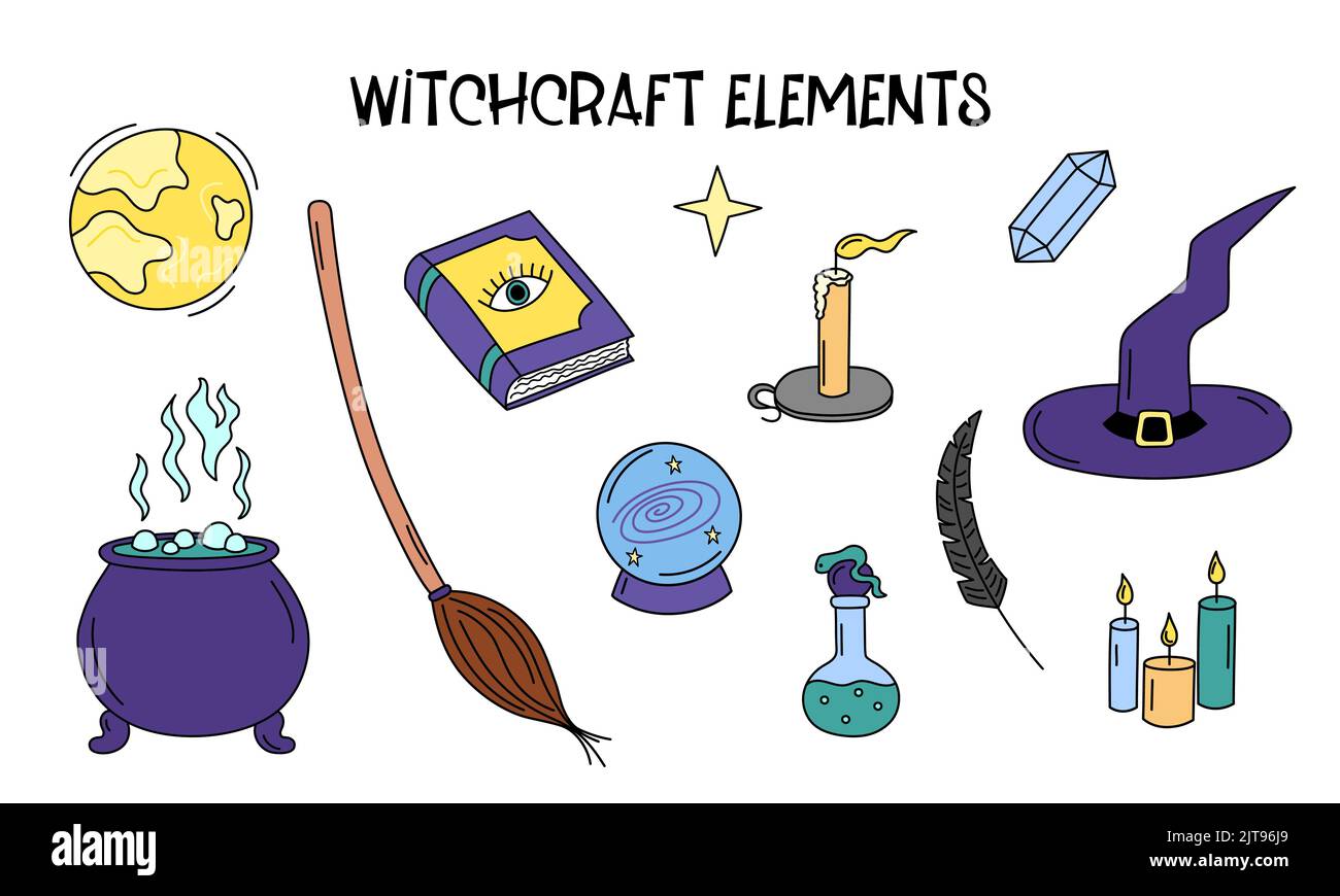 Witchcraft elements vector set. Witch doodle attributes magic ball ...