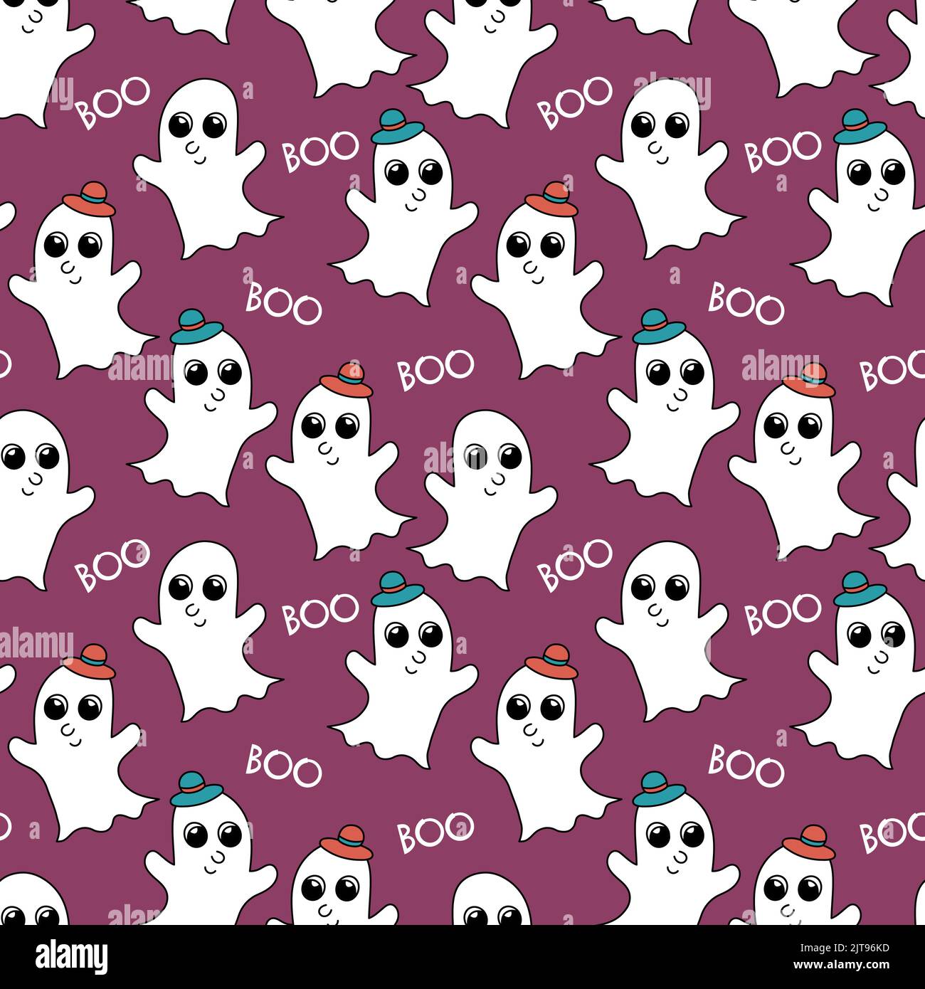 Halloween pattern. Cute cartoon ghosts and text Boo. Halloween doodle ...
