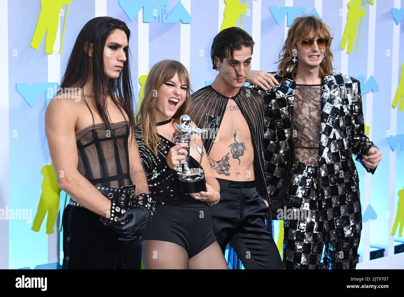 New Jersey, USA. 28th Aug, 2022. August 28th, 2022. Newark, USA. Maneskin, (left to right) Ethan ...