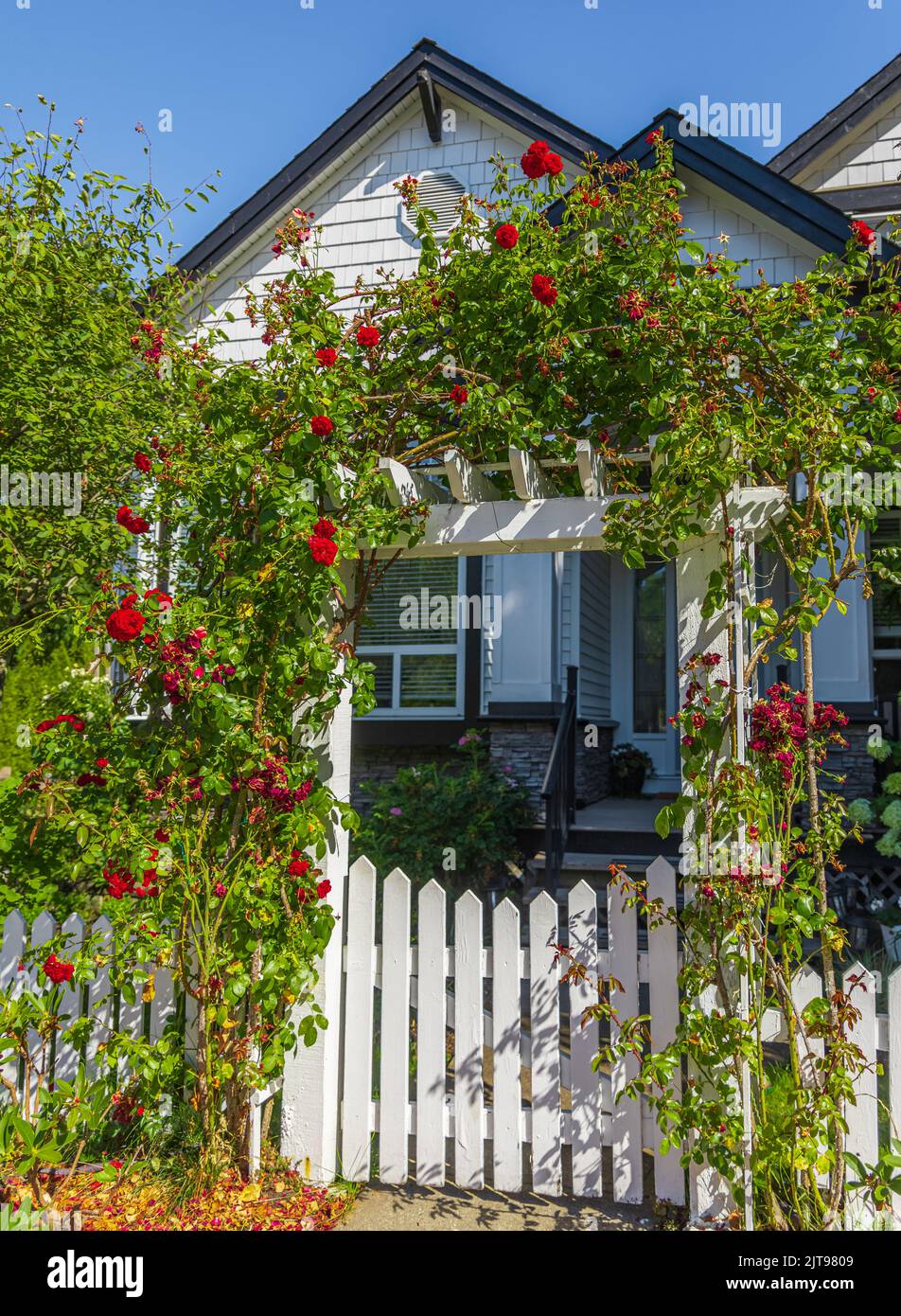 Entrance to a home through a beautiful garden with colorful flowers ...