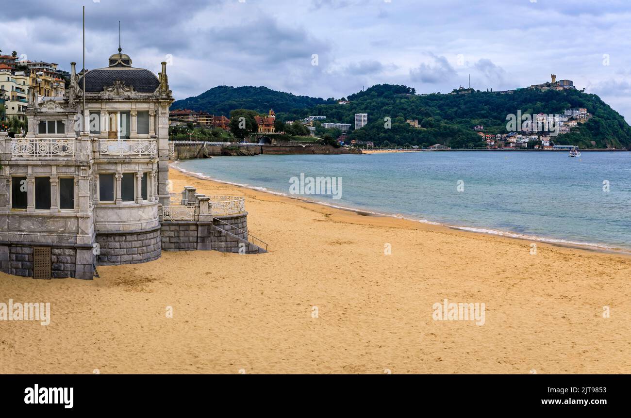 Panoramic view of La Concha bay and beach, city coastline and ...