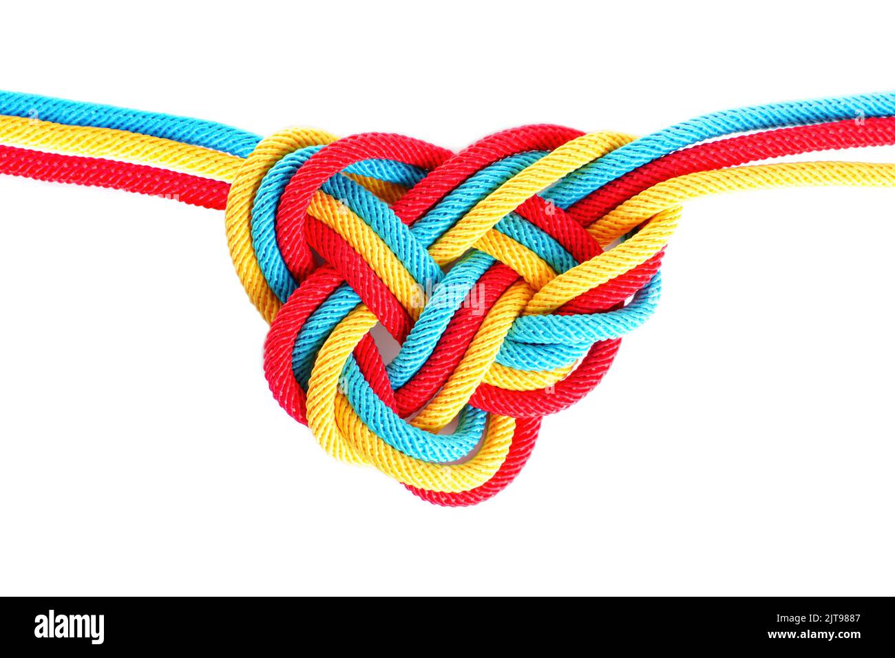 Heart shaped celtic knot made from braided cords painted blue, yellow ...