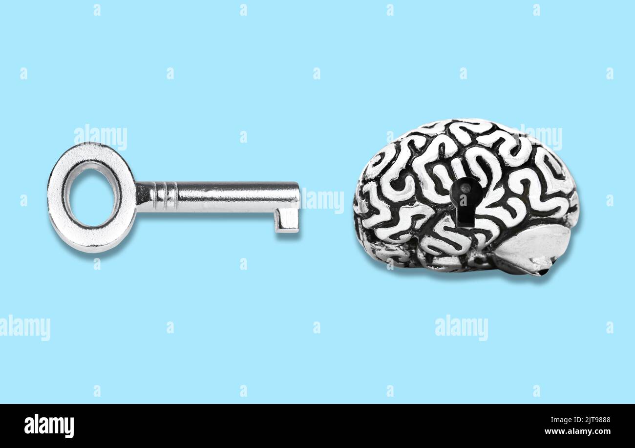 Human brain having a keyhole and a skeleton key isolated on blue ...