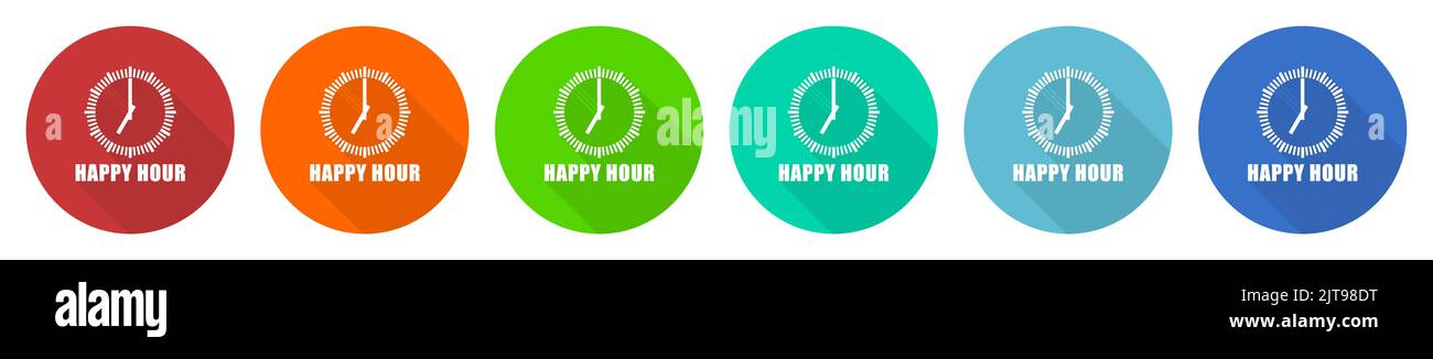 Happy hour icon set, flat design vector illustration in 6 colors ...