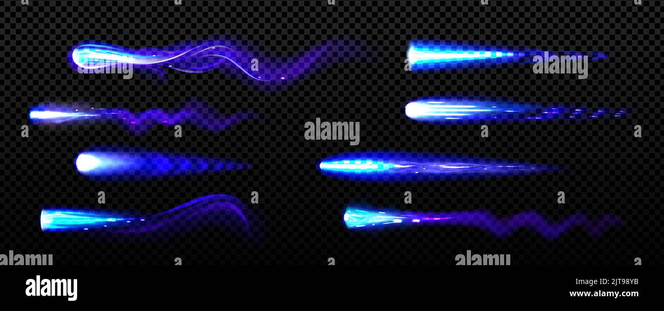 Blue fire trails of flying jet or rocket. Vector realistic set of ...