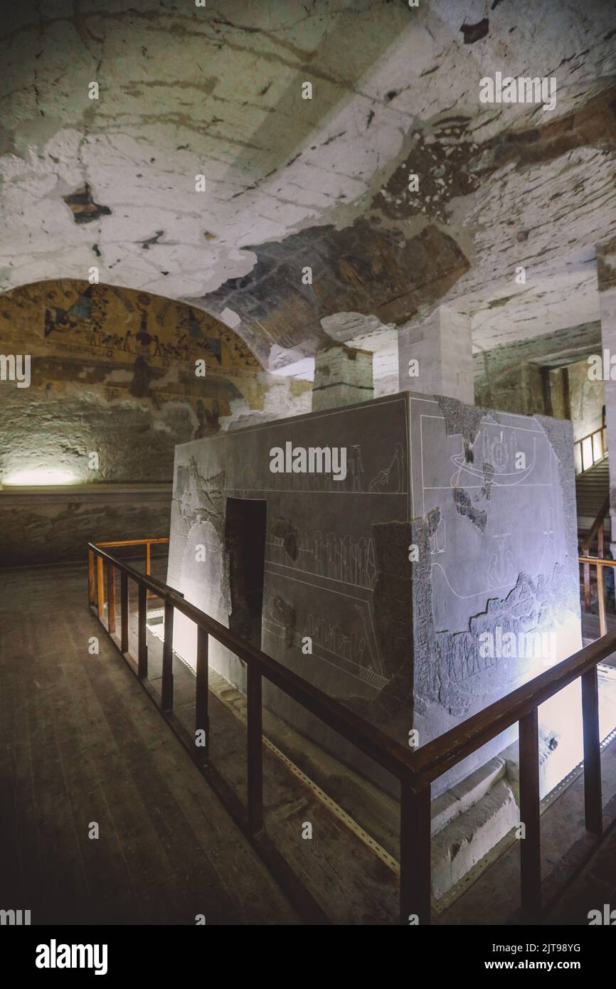 View to the White Stone Sarcophagus inside the Ancient Egyptian Tomb of ...