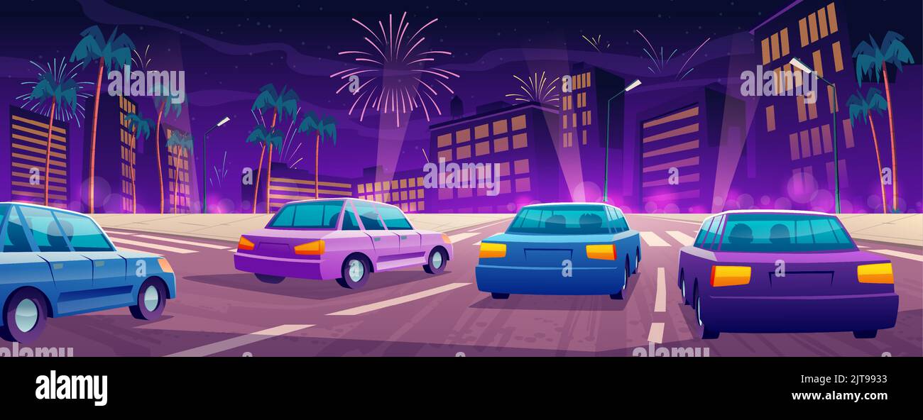 Cars driving at night city highway with palm trees, urban buildings ...