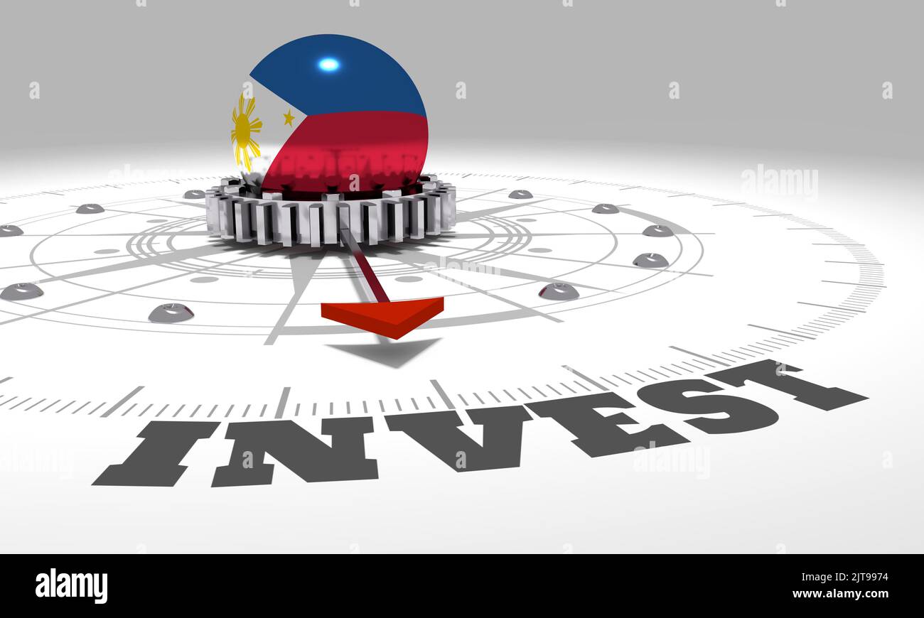 Business concept. Abstract compass points to the invest word. Flag of ...