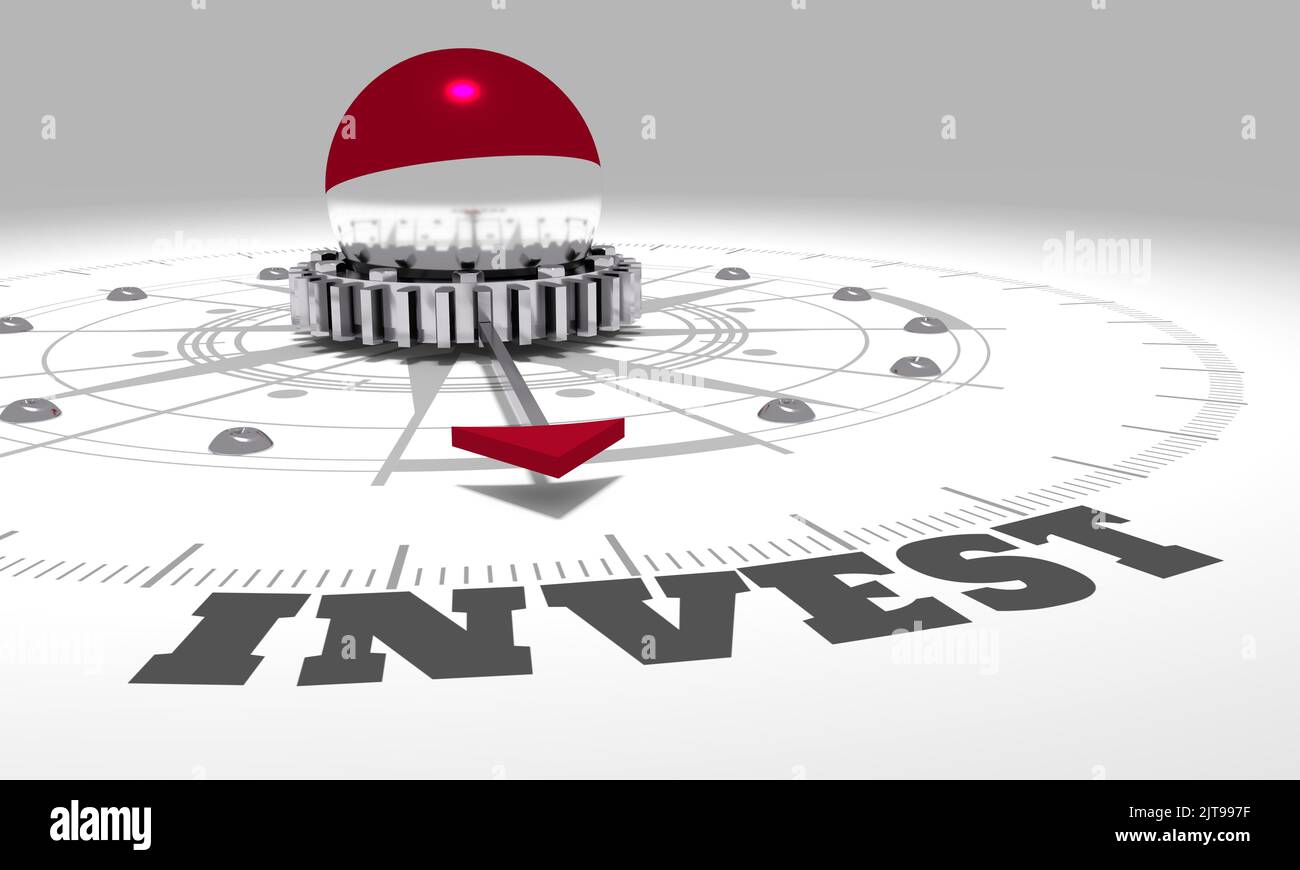 Business concept. Abstract compass points to the invest word. Flag of ...