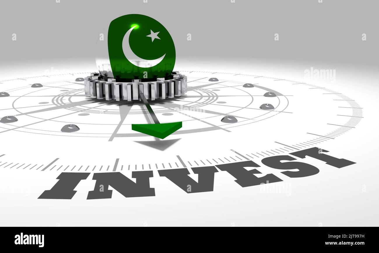 Business concept. Abstract compass points to the invest word. Flag of ...