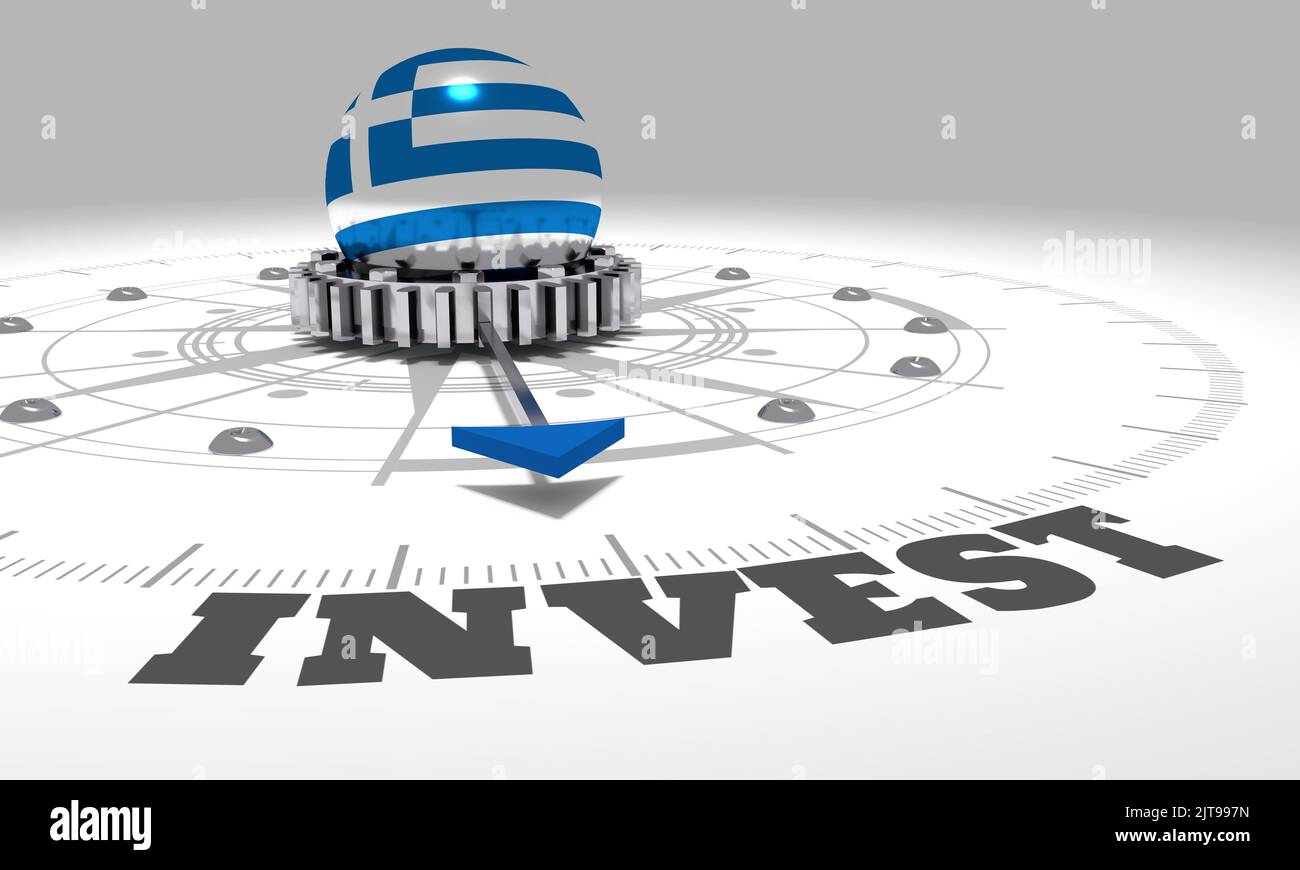 Business concept. Abstract compass points to the invest word. Flag of ...