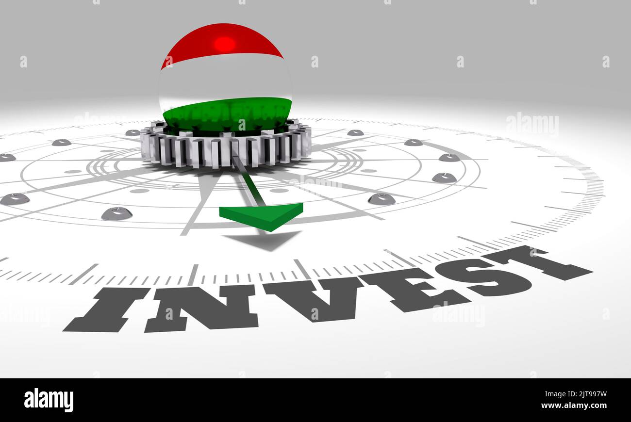Business concept. Abstract compass points to the invest word. Flag of ...