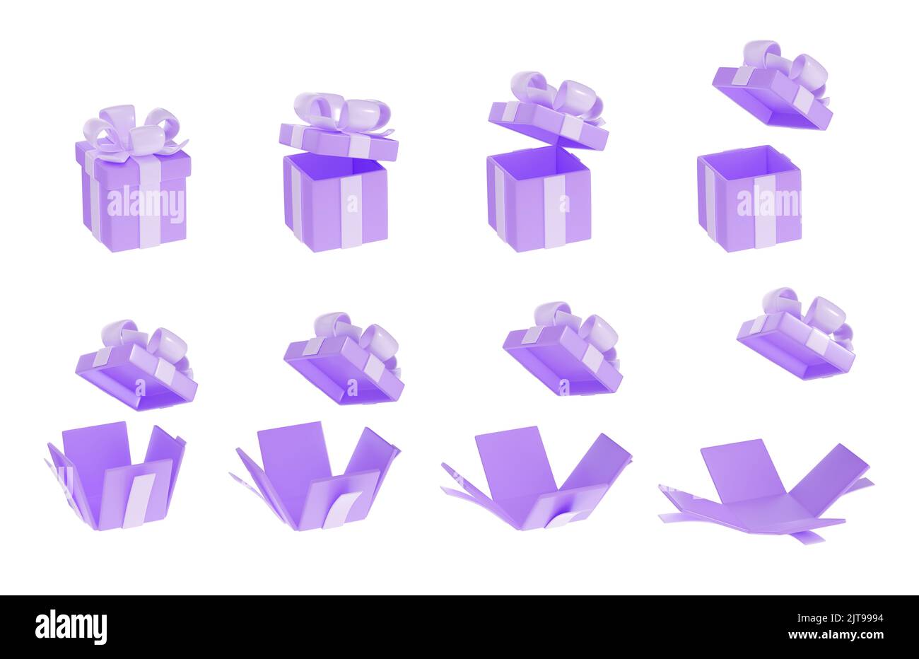 3d render gift boxes opening animation, closed and open purple present ...