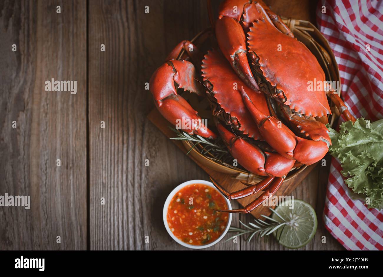 fresh crab on wooden cutting board, seafood crab cooking food boiled or ...