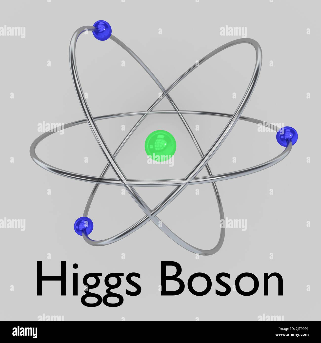 3D illustration of an atom with Higgs Boson title, isolated over gray ...
