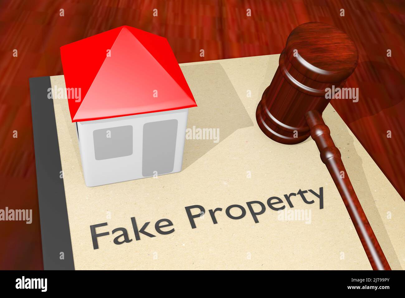 3D illustration of a judge gavel and a symbolic house on a booklet ...