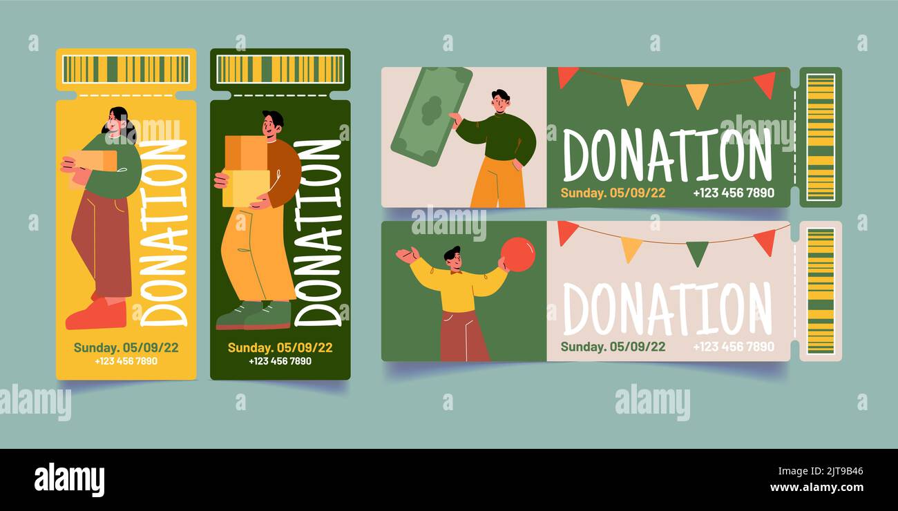 Tickets to donation event, volunteers charity promotion. People donate ...