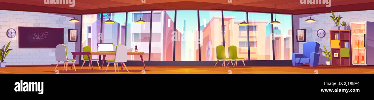 Modern open plan office, cartoon interior. Panoramic view of large ...