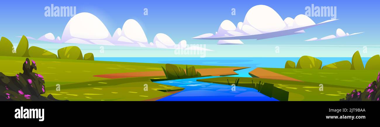 Summer landscape with river flowing into sea. Nature panorama with ...