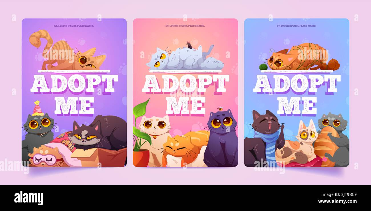 Adopt me posters with cute homeless cats in pet shelter. Funny fluffy ...