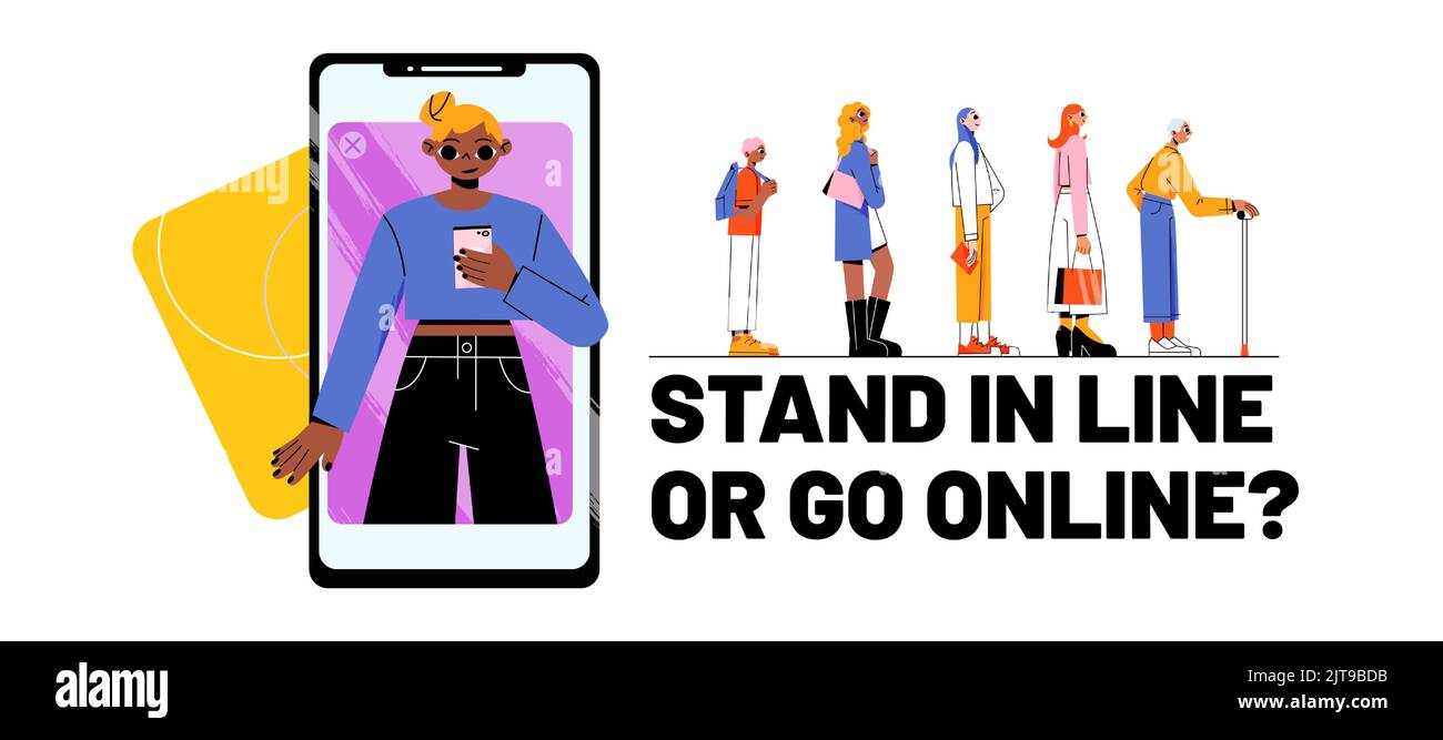 Virtual shopping and services VS offline. Stand in line or go online ...