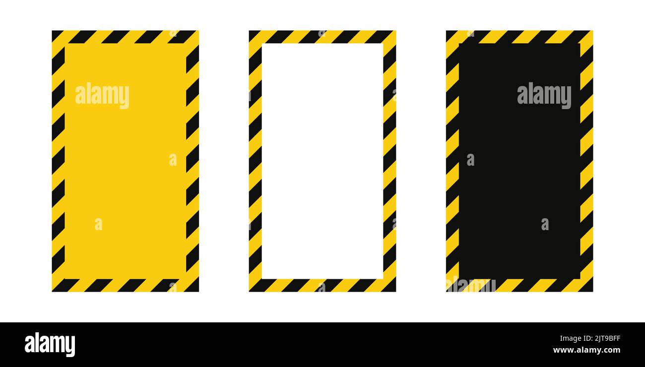 Warning frame with yellow and black diagonal stripes. Rectangle warn frame set. Yellow and black ...