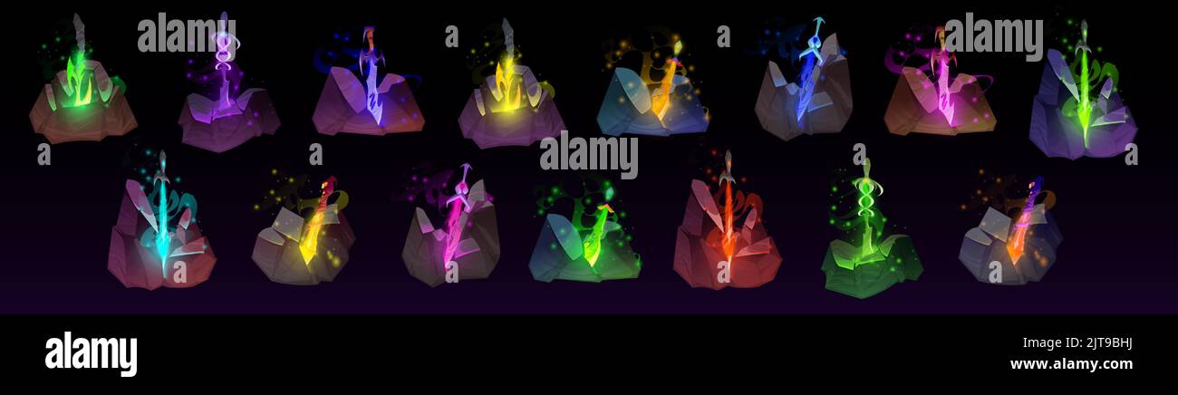 Magic swords stuck in stone. Symbol of medieval legend of Excalibur ...