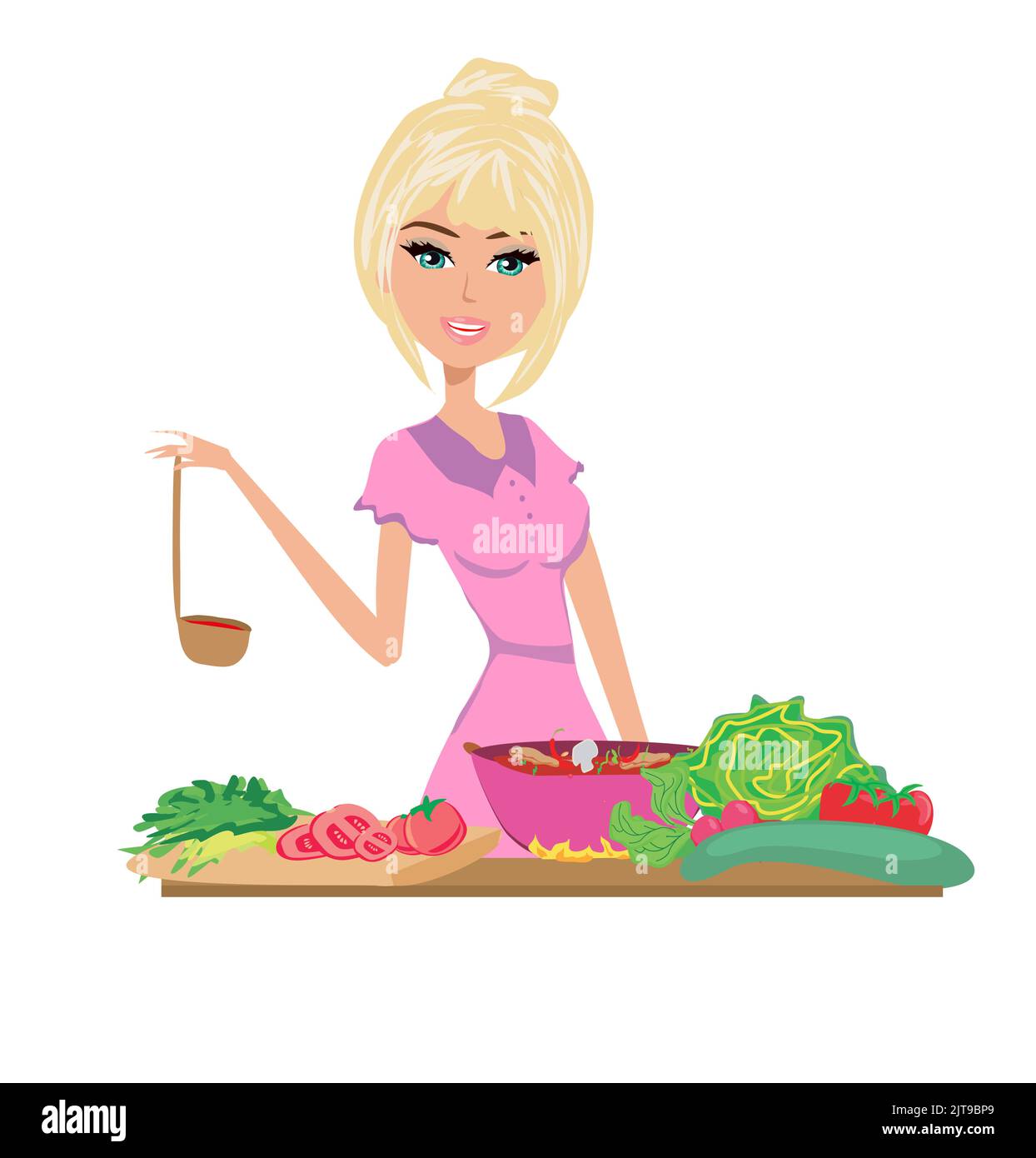 beautiful blonde girl cooks a tasty and healthy lunch - illustration ...