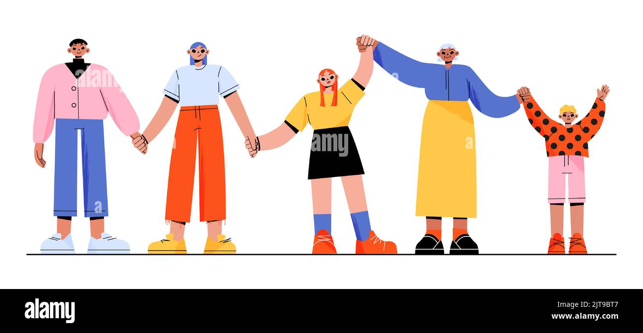 Happy people holding hands together. Senior, adult, young and kids ...