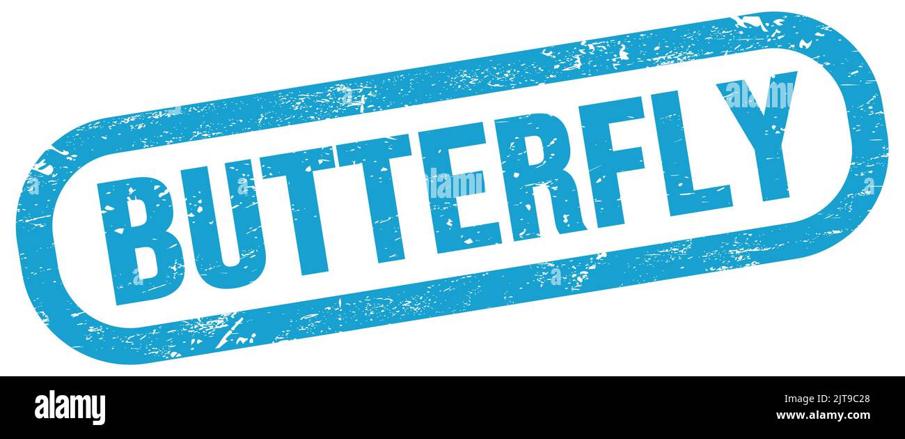 BUTTERFLY, text on blue rectangle stamp sign Stock Photo - Alamy