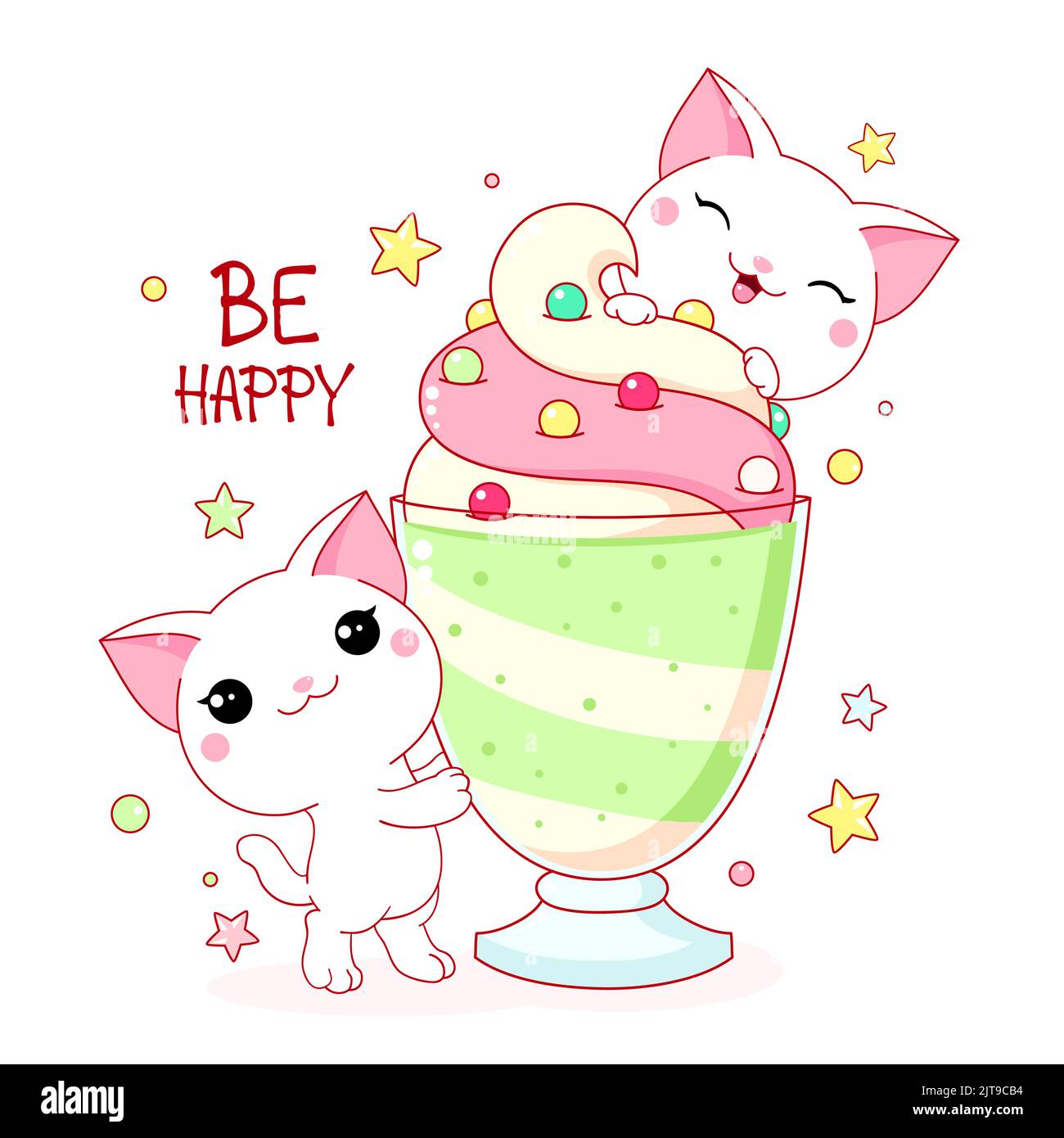 Cute yummy card in kawaii style. Two lovely cats with milk shake ...