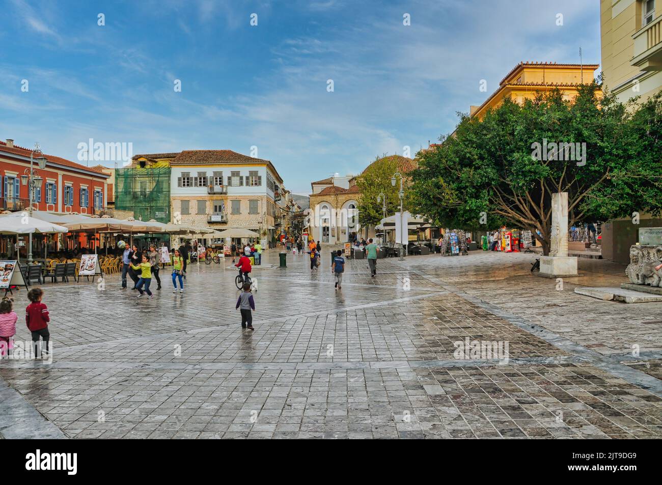 A view of the small Nafplio town buildings and streets in Peloponnese ...