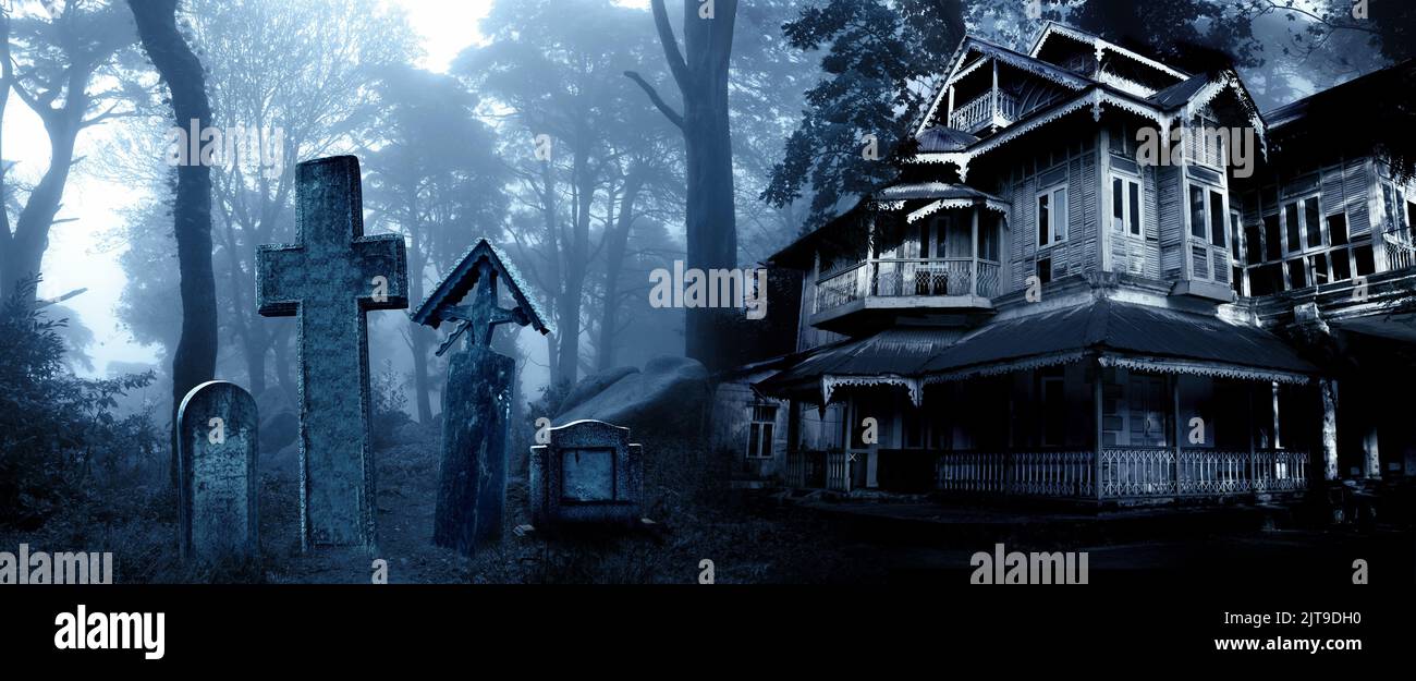 Horizontal Halloween banner with haunted house and medieval stone cross ...