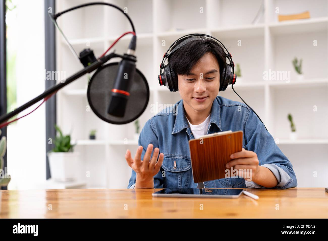 Woman record podcast home live hi-res stock photography and images - Alamy
