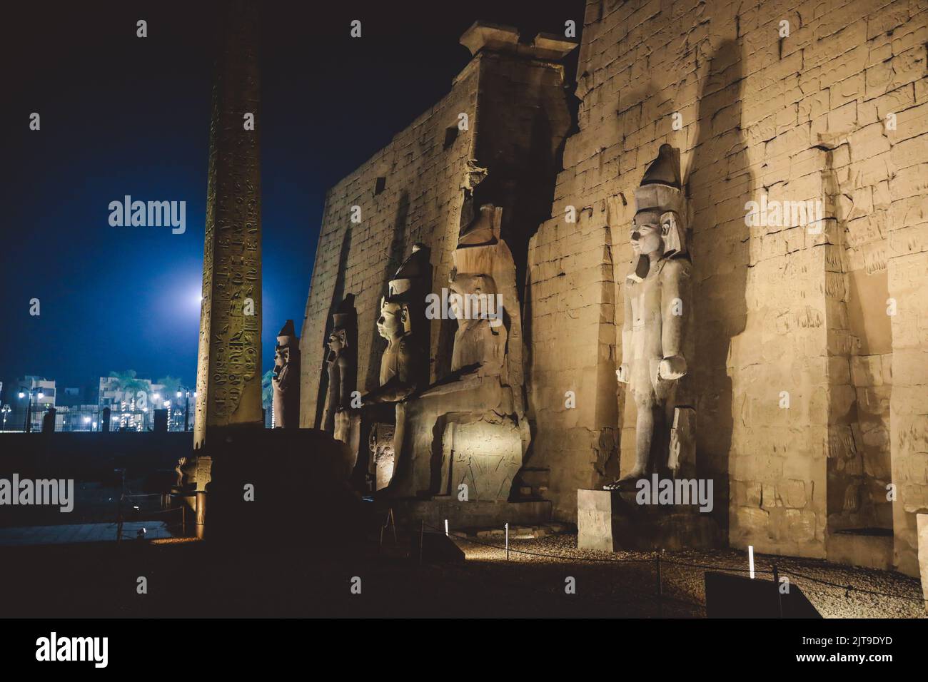 Sunset View to the Illuminated Stone Statues of the large Ancient ...