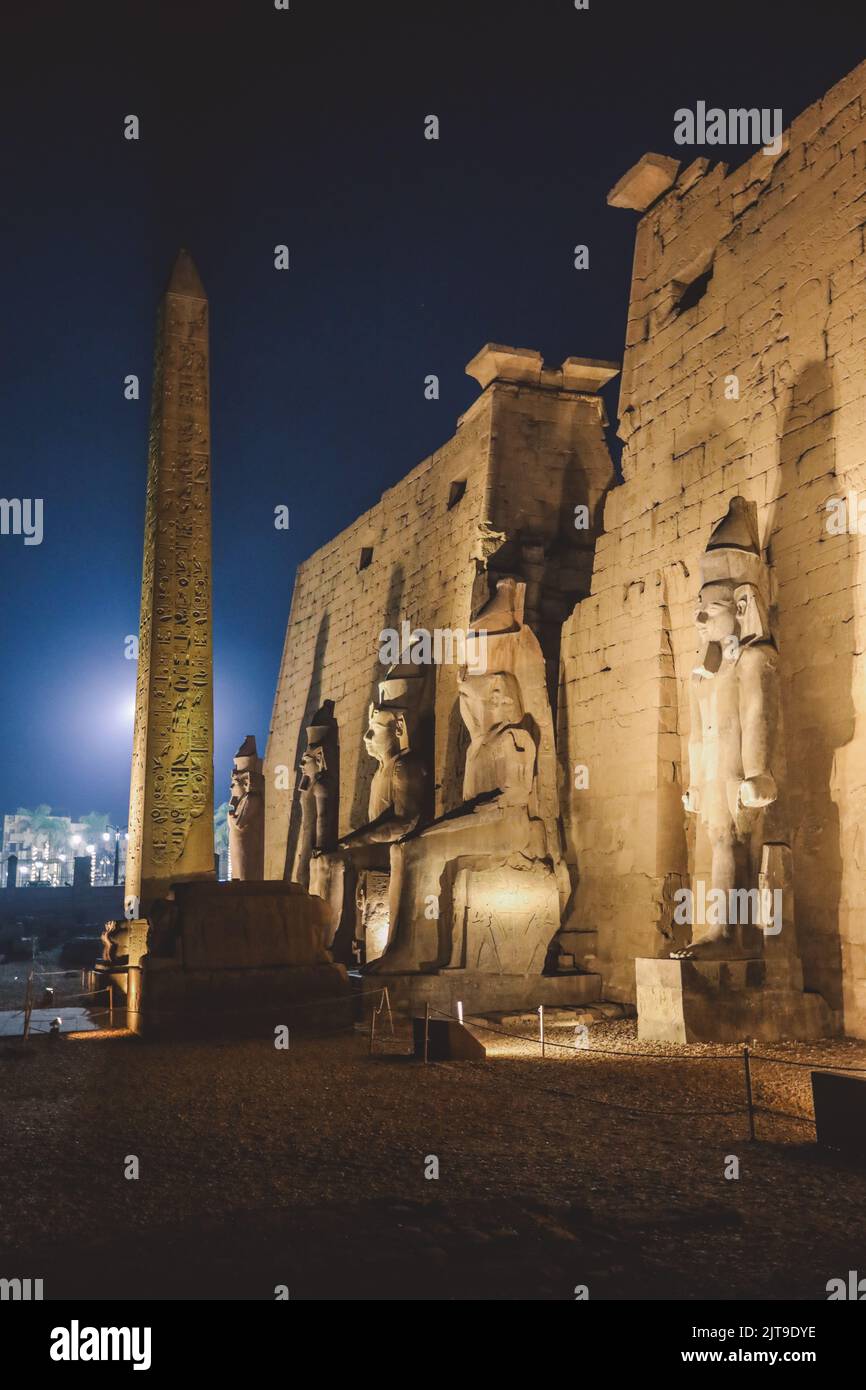 Sunset View to the Illuminated Stone Statues of the large Ancient ...