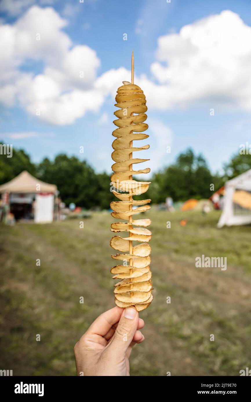 Potato street food snack in hand. Fried potatoes on a skewer at the ...