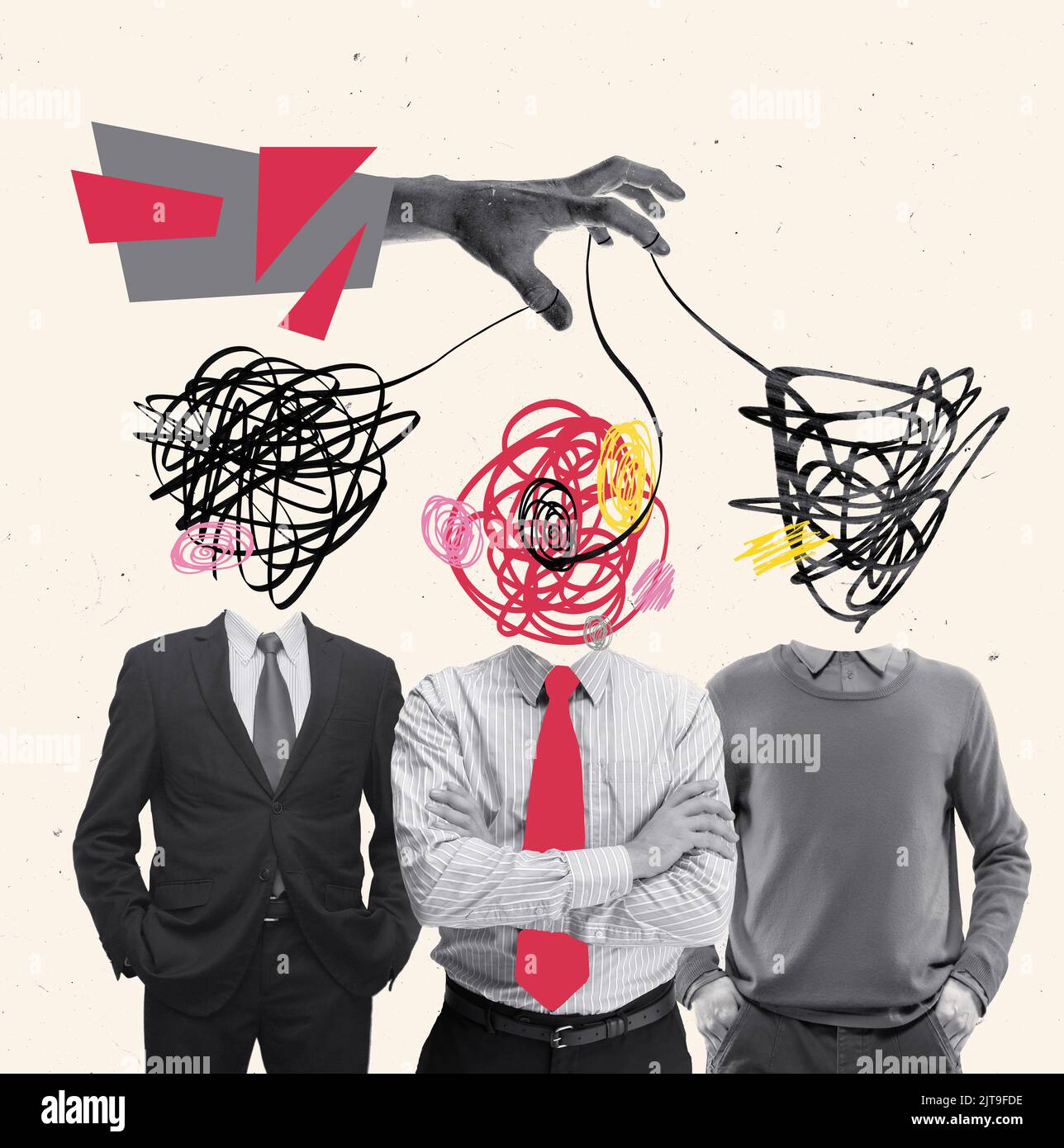 Collage. Contemporary artwork. Three man in official clothes with ...