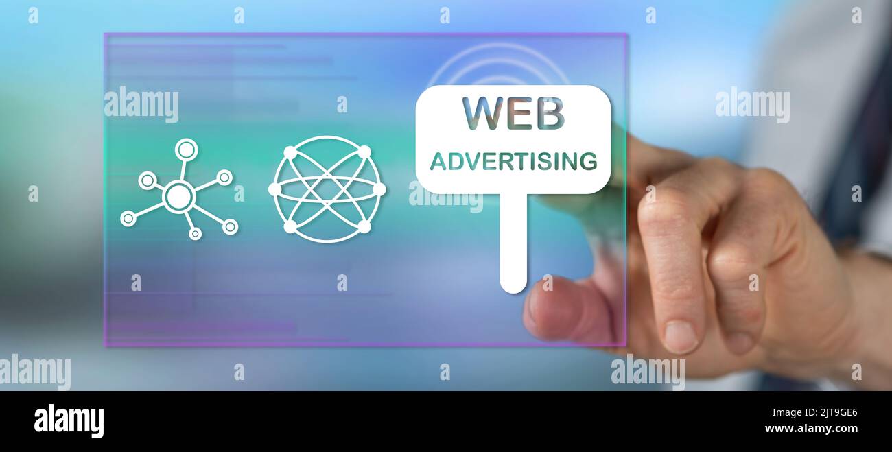 Man touching a web advertising concept on a touch screen with his ...