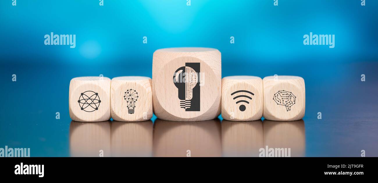Wooden blocks with symbol of digital disruption concept on blue ...