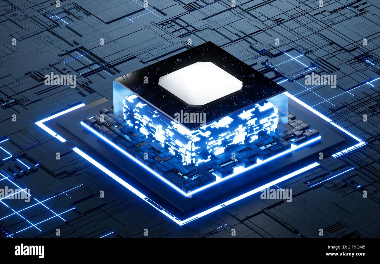 Glowing microchip processor with black circuit board, 3d rendering. Computer digital drawing ...