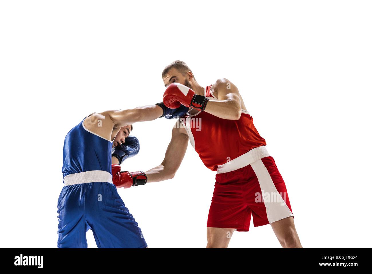 Sportive men, two professional boxer in sports uniform practicing punch ...