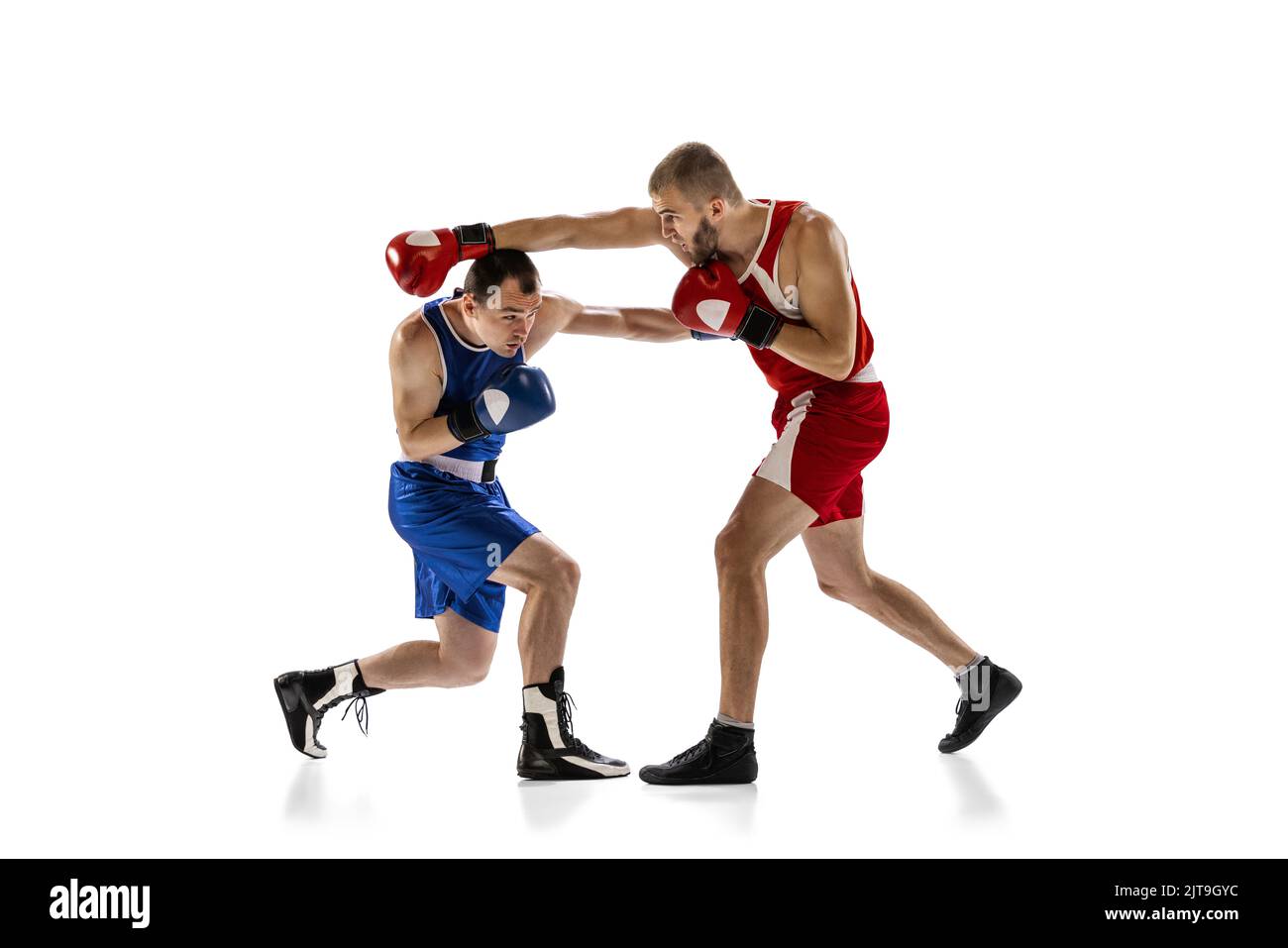 Fight. Professional male boxer in sports uniform and gloves training ...