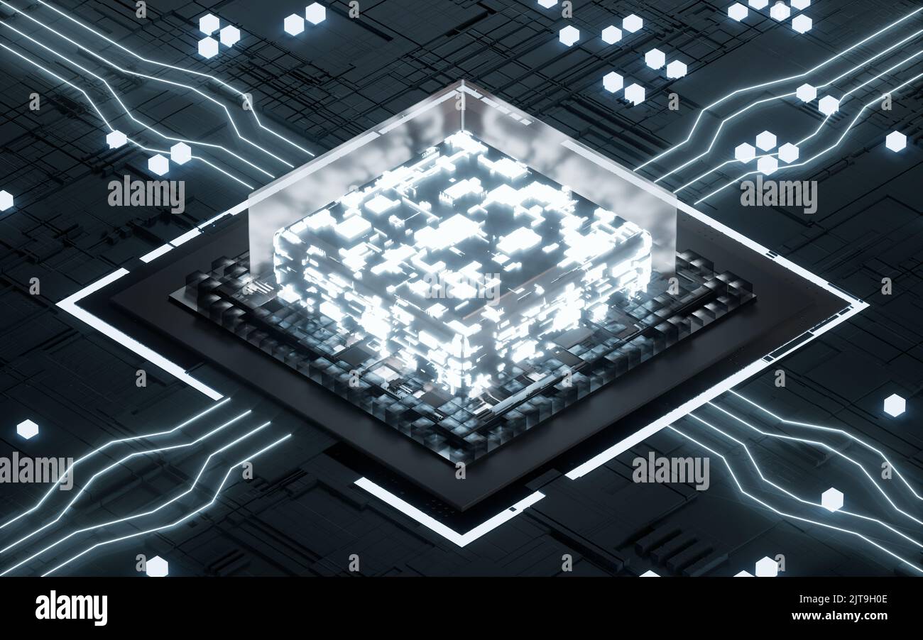 Glowing microchip processor with black circuit board, 3d rendering. Computer digital drawing ...