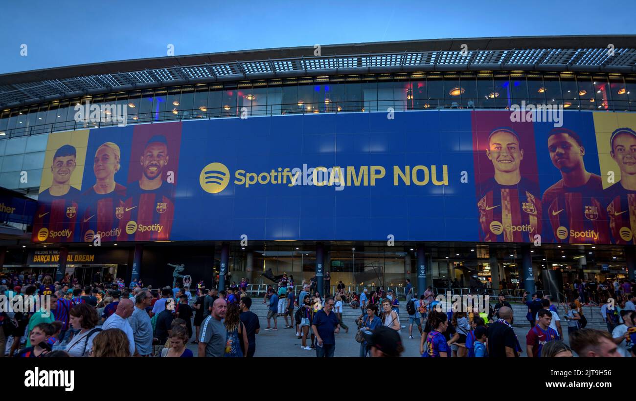 Exterior of the Spotify Camp Nou at twilight on a match day (Barcelona ...