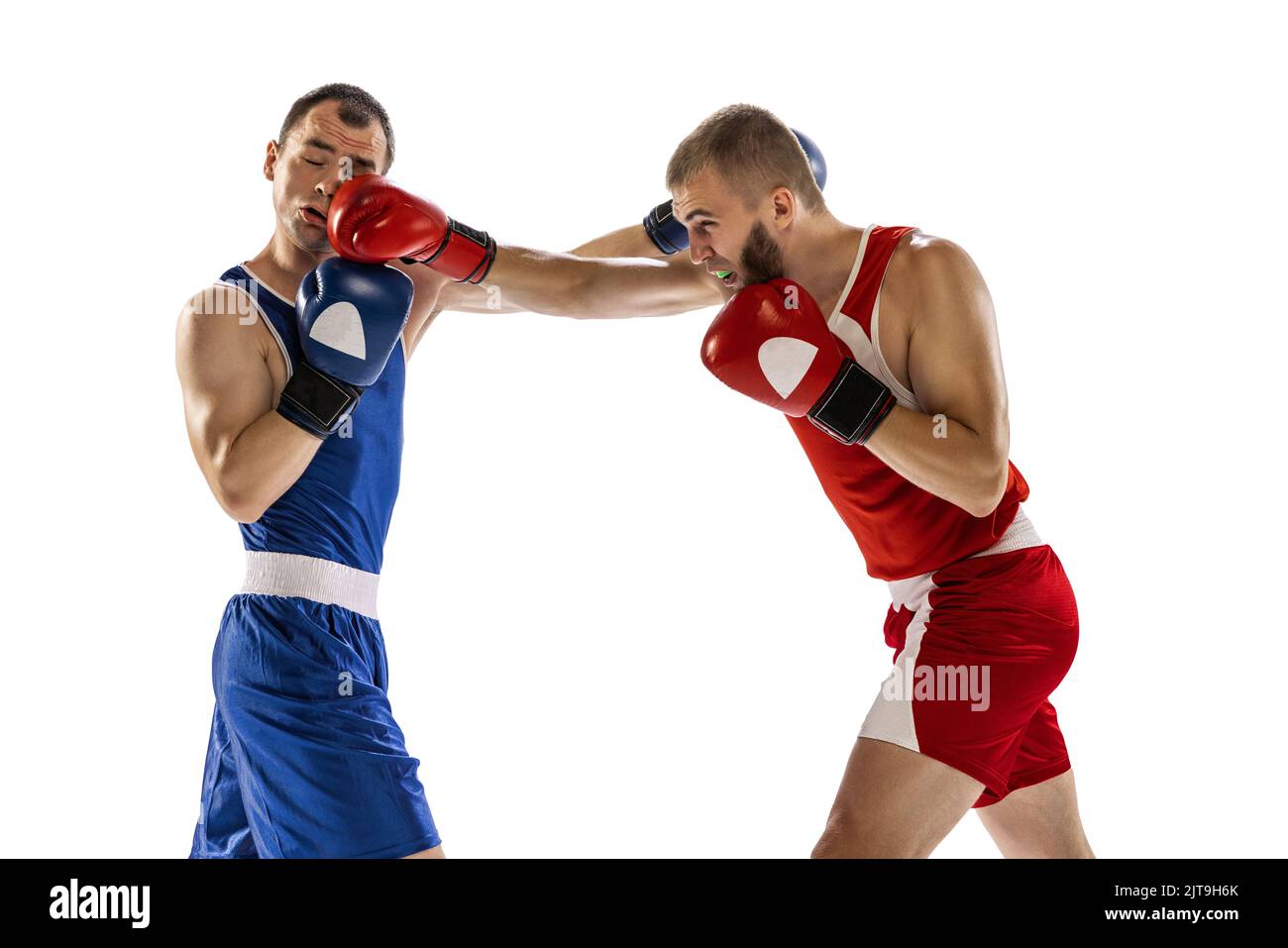 Fight. Professional male boxer in sports uniform and gloves training ...