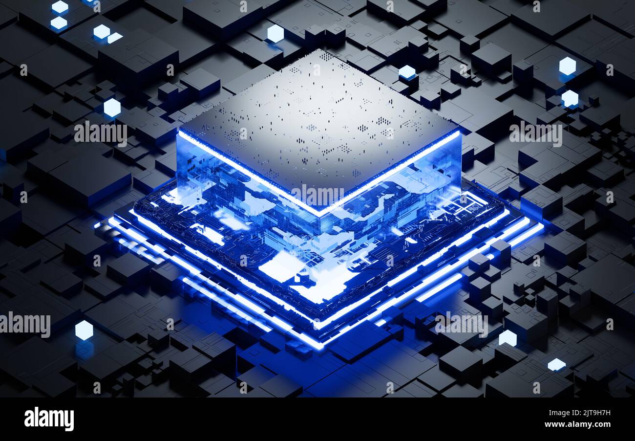 Glowing microchip processor with black circuit board, 3d rendering. Computer digital drawing ...
