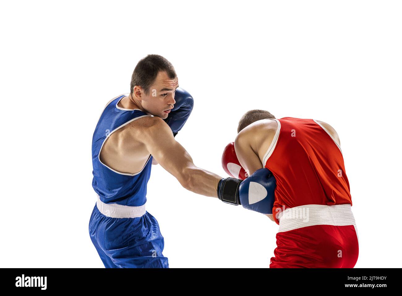 Sportive men, two professional boxer in sports uniform practicing punch ...