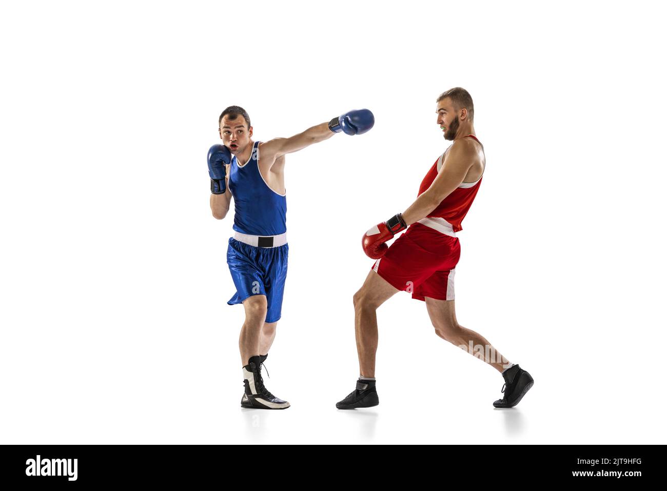 Dynamic portrait of two professional boxer in sports uniform boxing ...