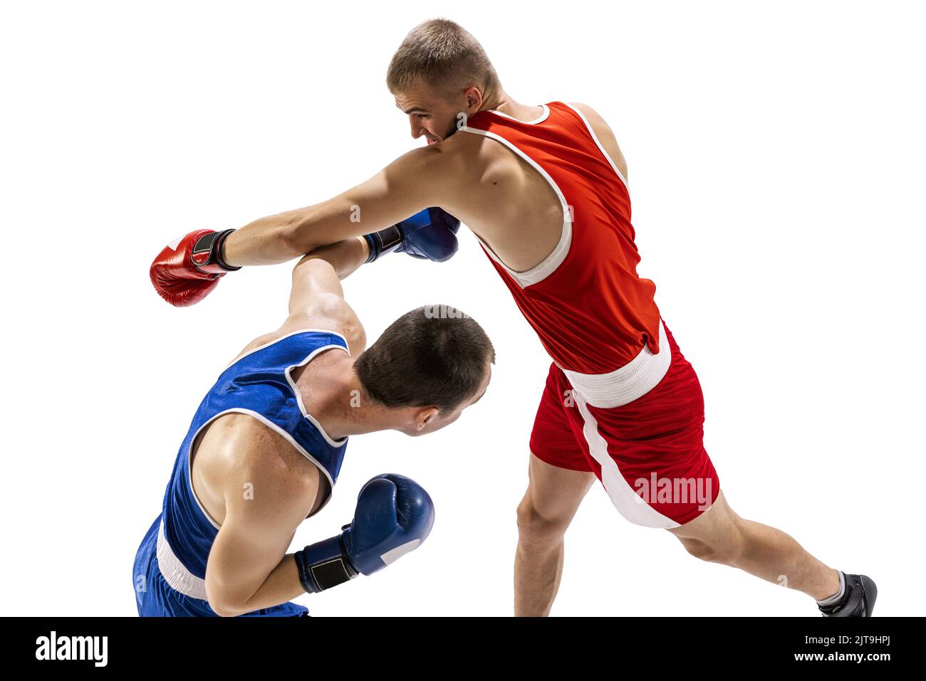 Sportive men, two professional boxer in sports uniform practicing punch ...